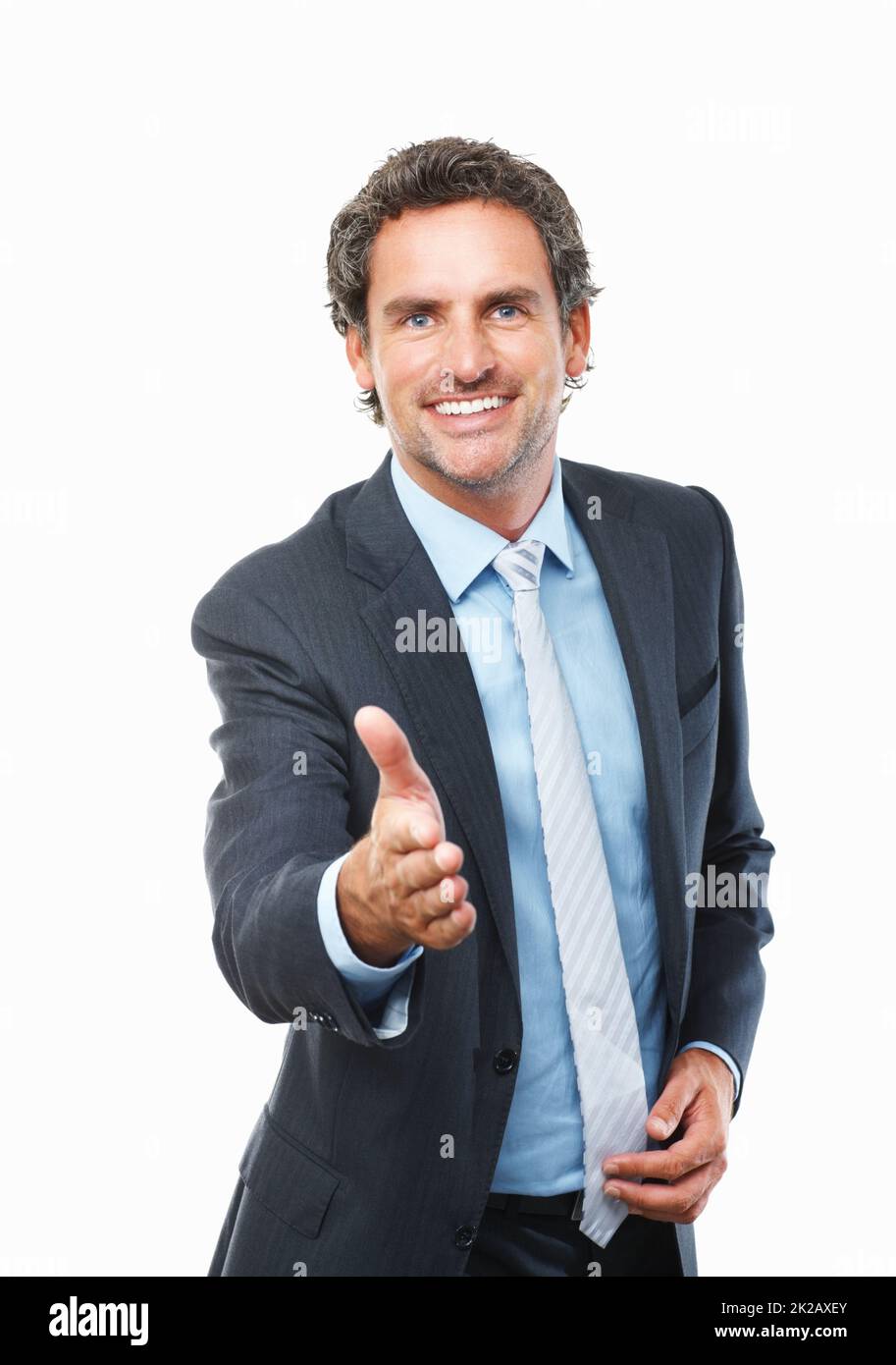 Business handshake. Portrait of successful business man extending hand to shake on white ...