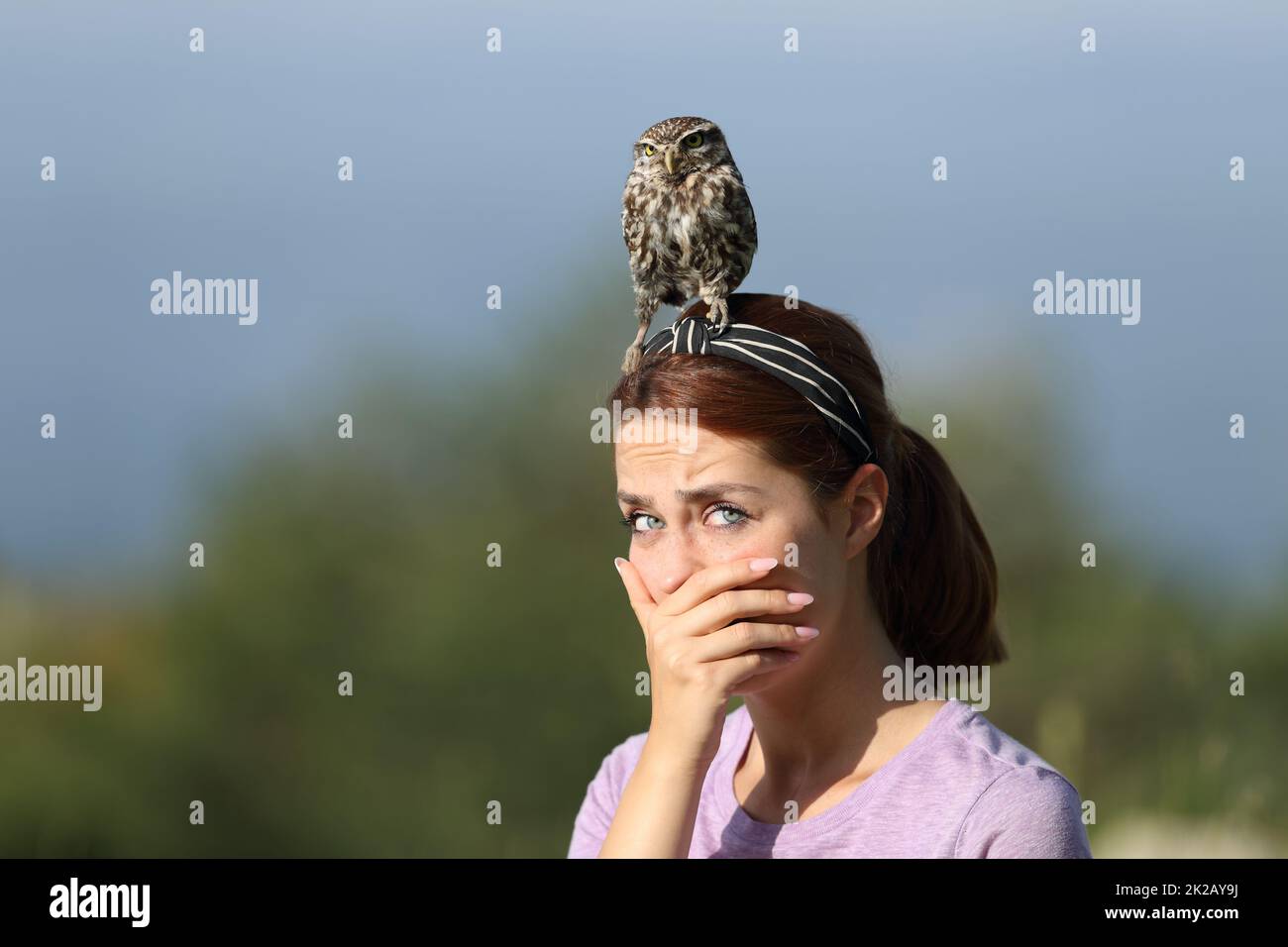 Surprised woman in nature with a bird perched on head Stock Photo - Alamy