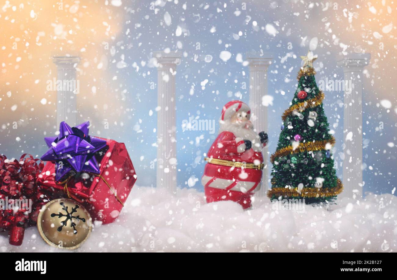 Christmas Tree and Columns on Cotton With Blue Sky. Christmas Scene ...