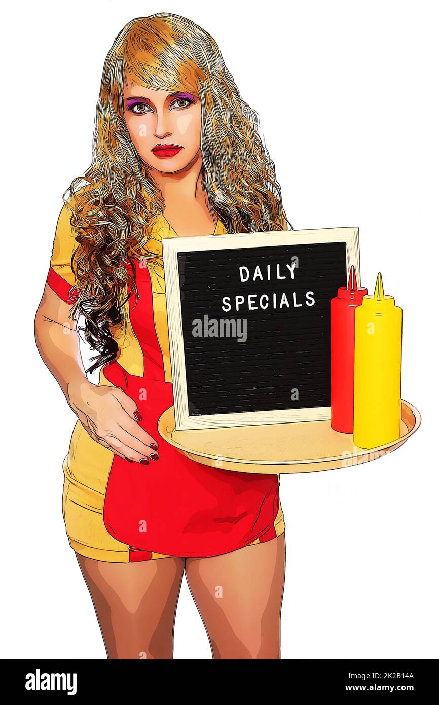 Waitress With Daily Specials Sign on Serving Tray on white background ...