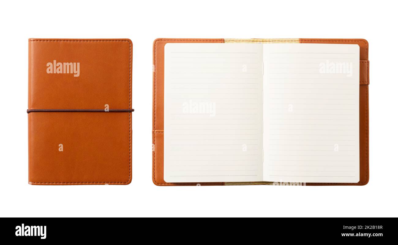 A leather notebook placed against a white background. The notebook ...