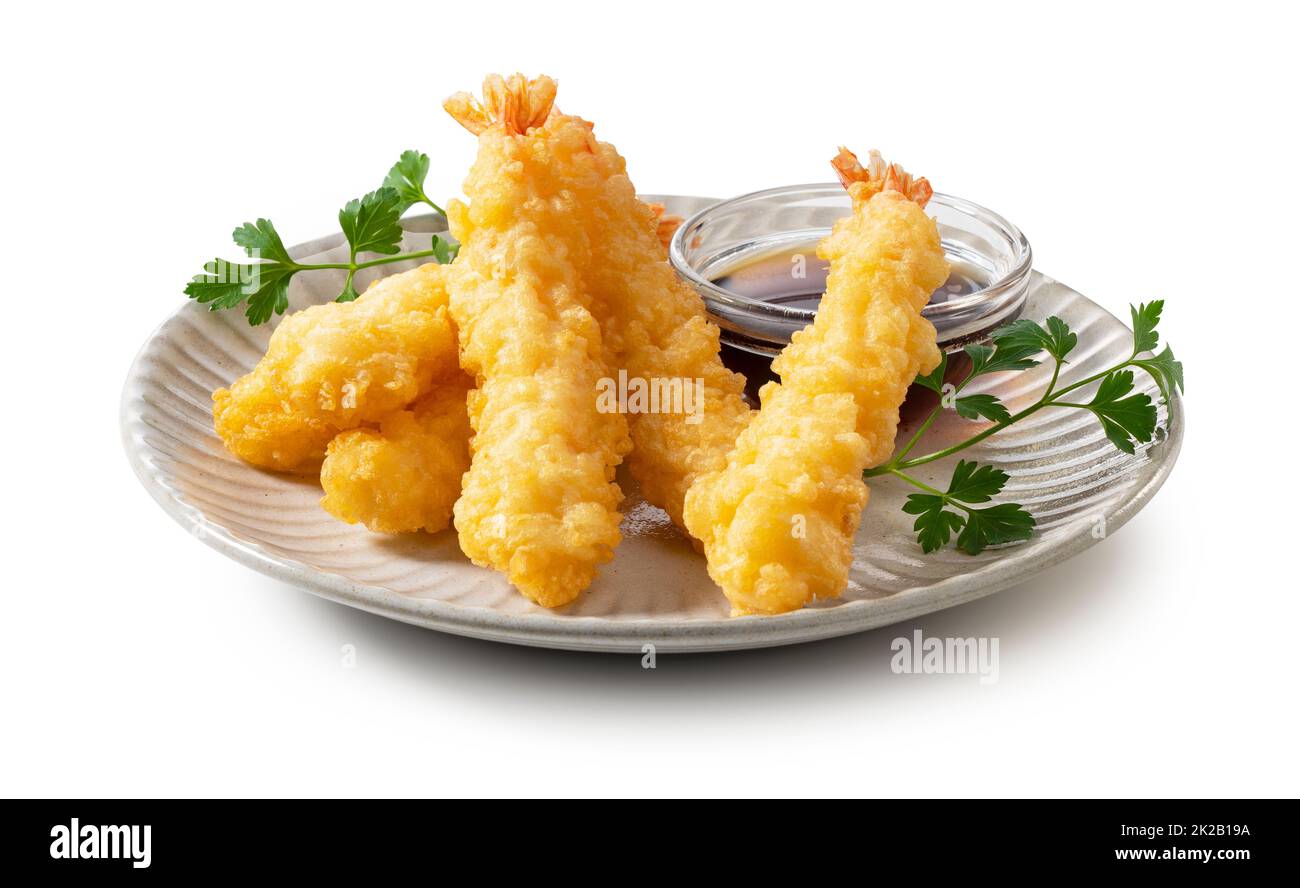 Shrimp tempura on a plate placed on a white background Stock Photo - Alamy
