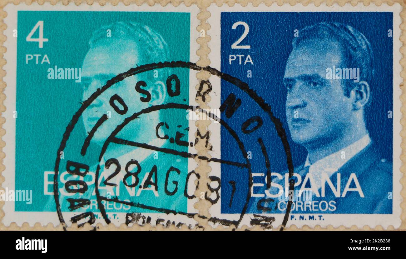 Photo of two Spanish postage stamps green 4 pesetas and blue 2 pesetas ...