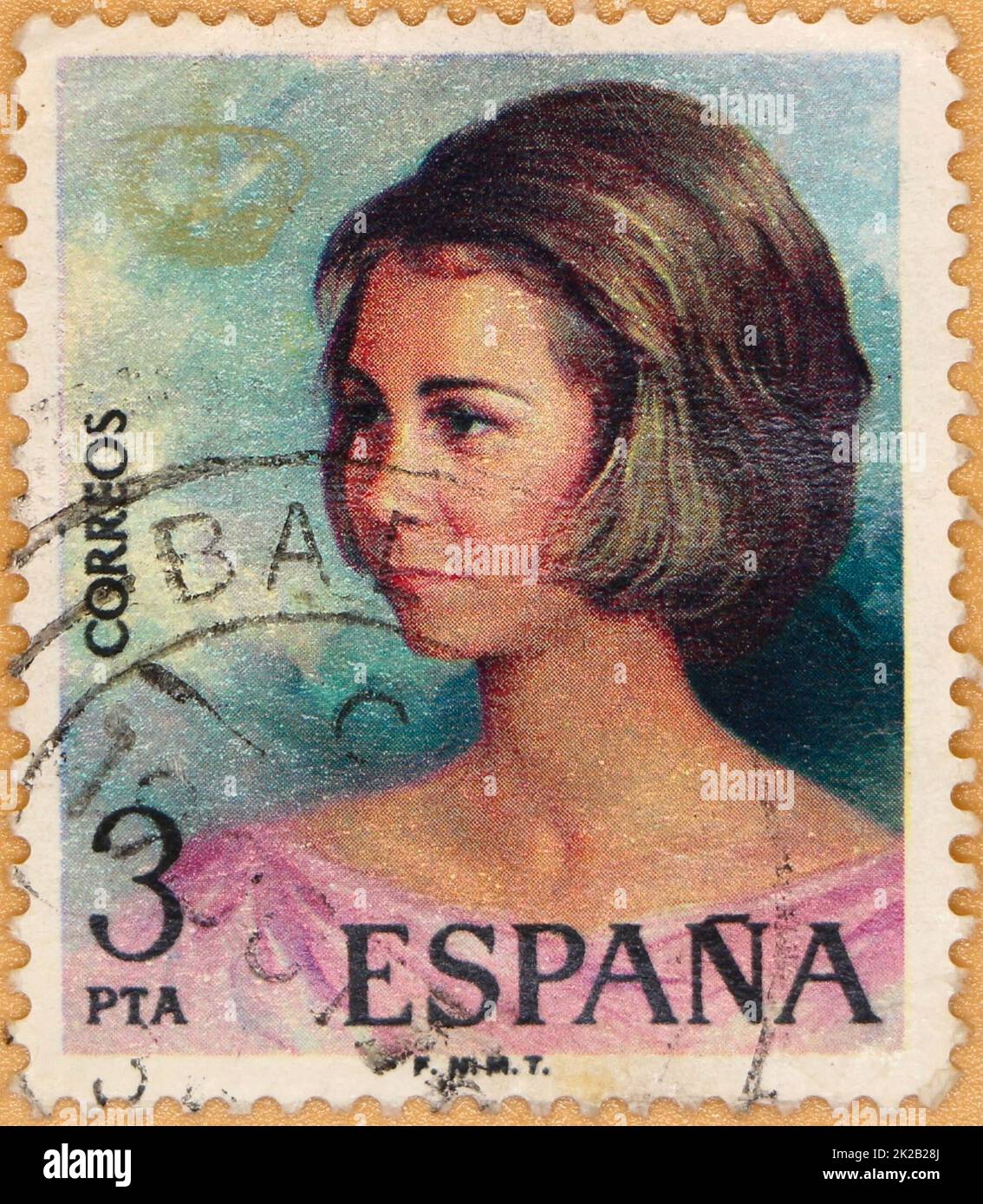 Photo of a 3 pesetas Spanish postage stamp featuring an image of Queen ...