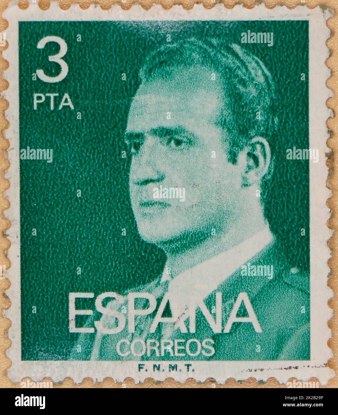 Photo of a green 3 pesetas Spanish postage stamp featuring an image of ...