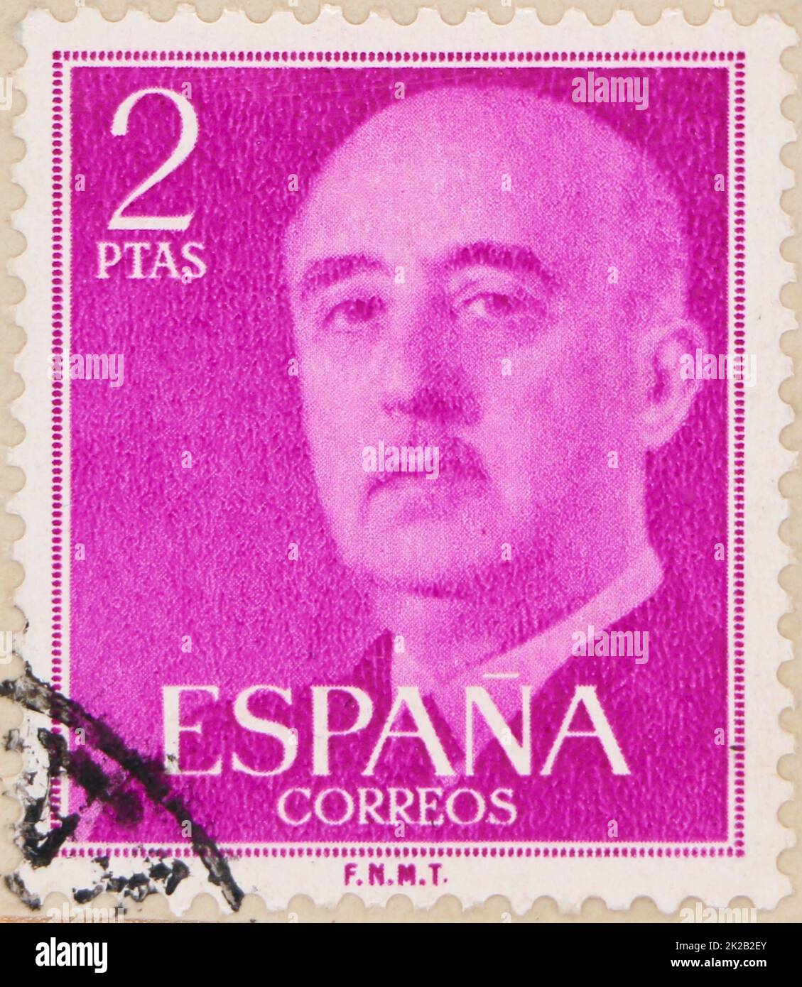 Photo of a fuchsia 2 pesetas Spanish postage stamp featuring an image ...