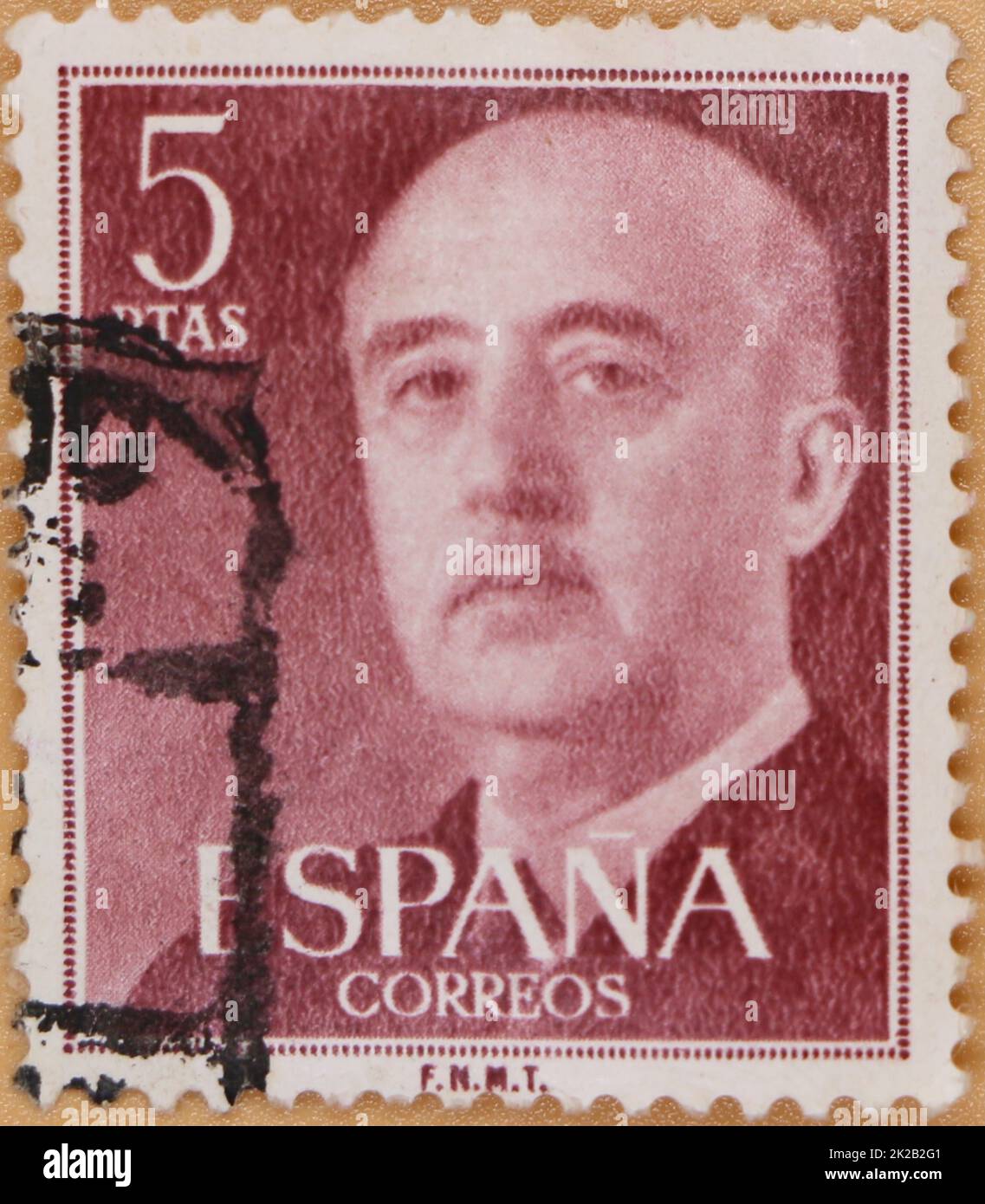 Photo of a brown 5 pesetas Spanish postage stamp featuring an image of ...