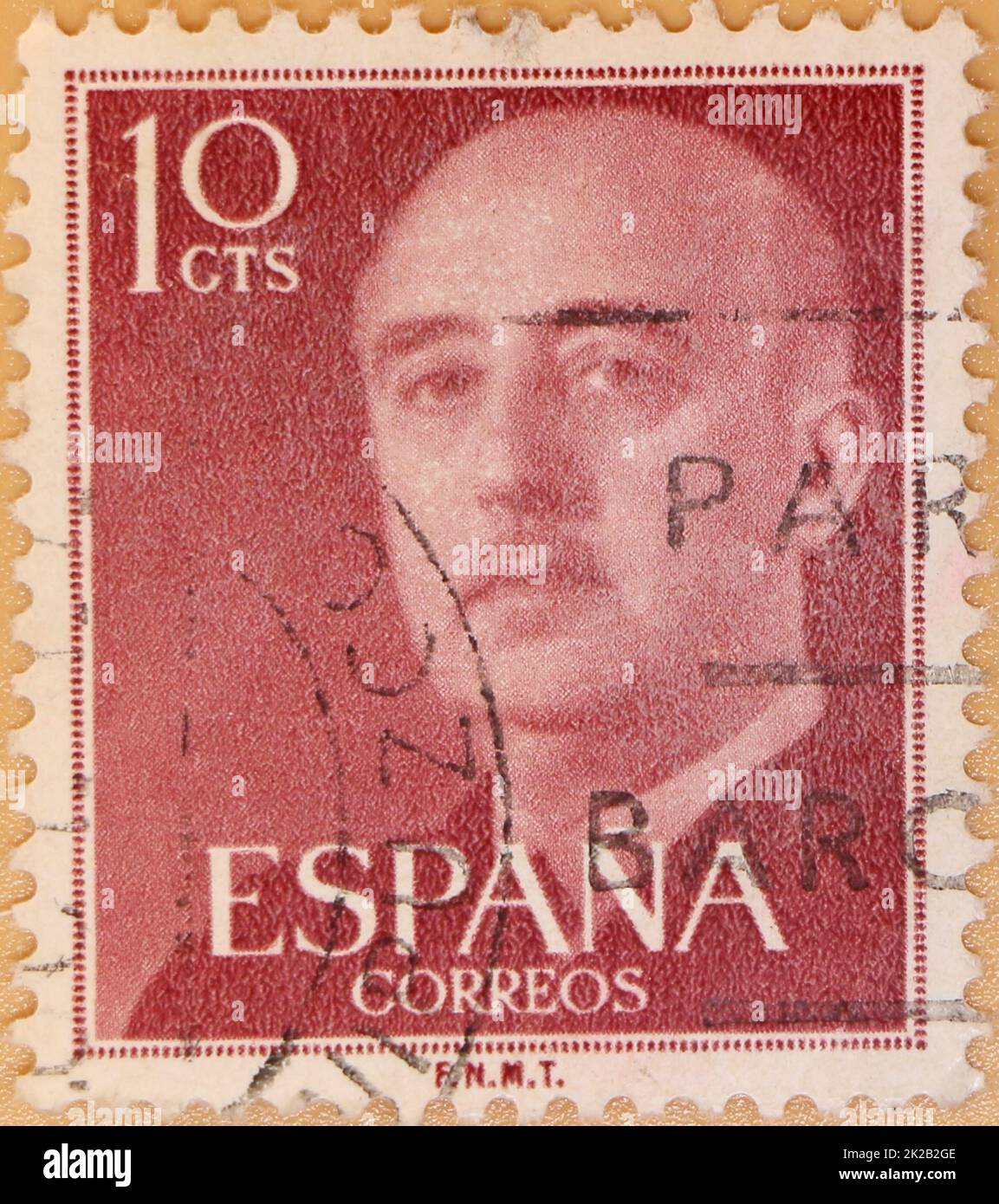 Photo Of A Brown 10 Centimos Spanish Postage Stamp Featuring An Image Of Francisco Franco