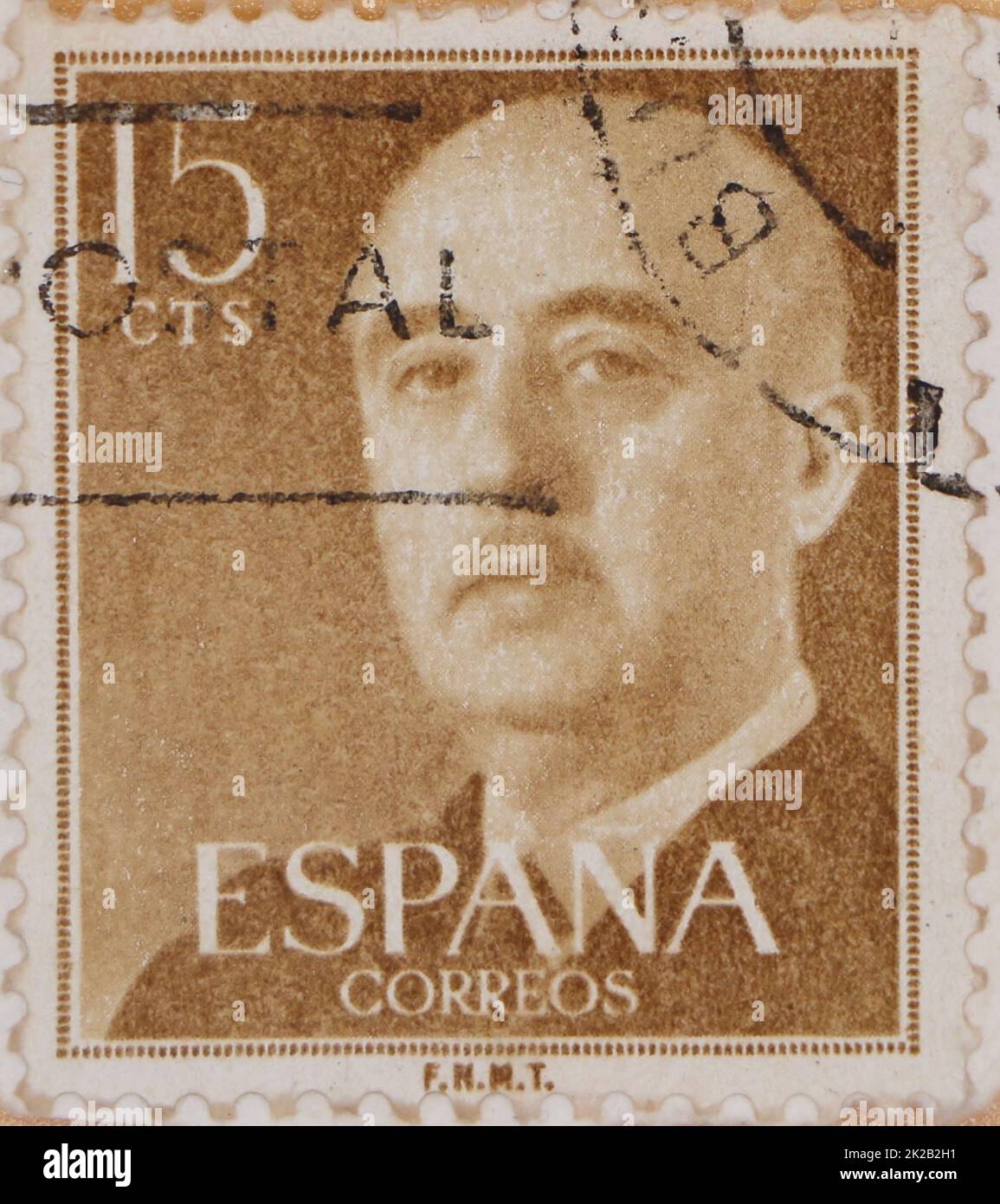Photo of a brown 15 centimos Spanish postage stamp featuring an image ...
