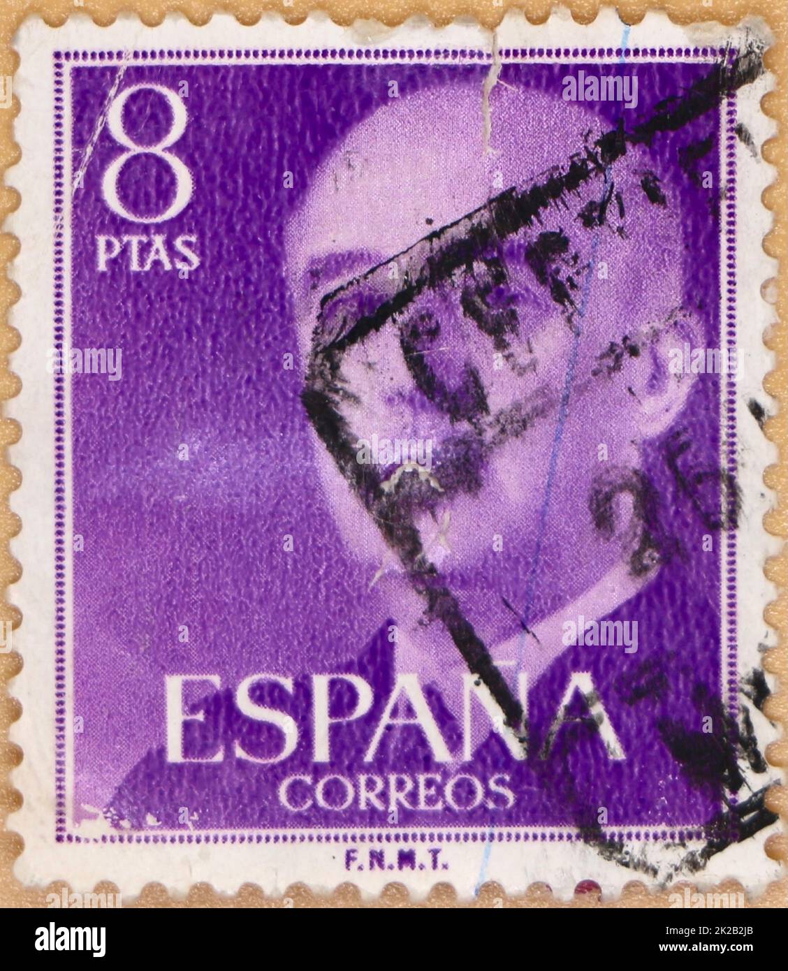Photo of a purple 8 pesetas Spanish postage stamp featuring an image of ...
