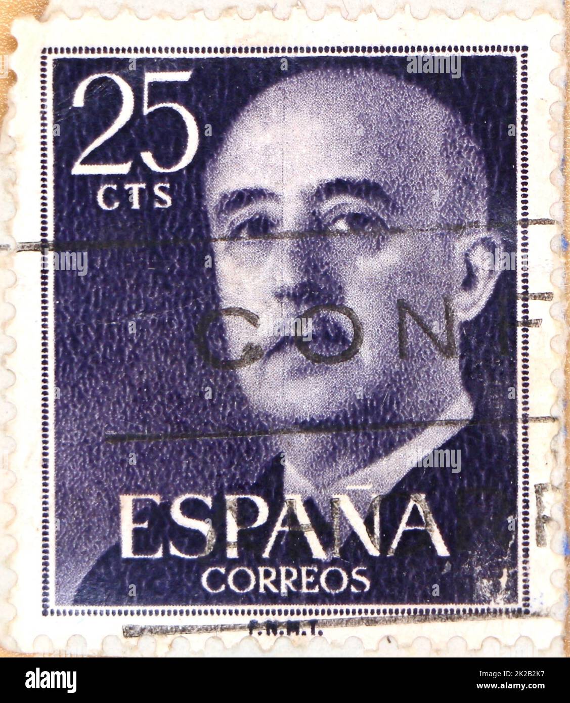 Photo of a mauve 25 centimosSpanish postage stamp featuring an image of ...