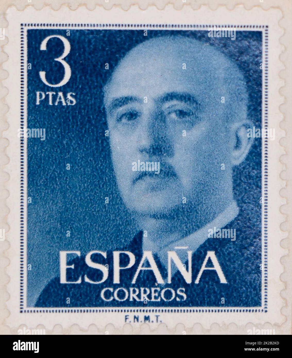 Photo of a blue 3 pesetas Spanish postage stamp featuring an image of ...