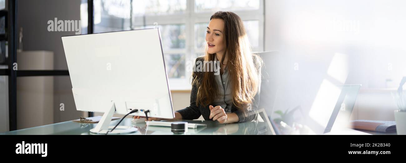 Happy Professional Woman Employee Using Computer Stock Photo - Alamy