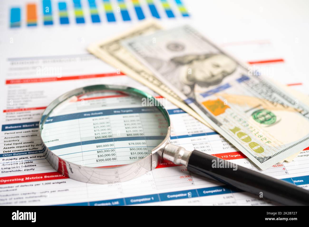Magnifying glass on charts graphs spreadsheet paper with US dollar ...