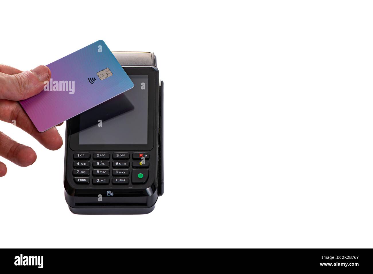 a payment terminal with a plastic card attached to it on a white ...