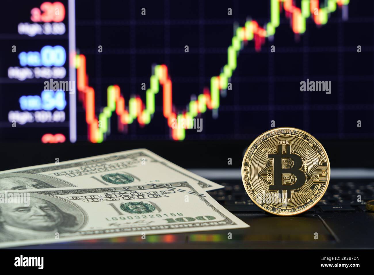 Bitcoin coins on keyboard with trading exchange graph Stock Photo - Alamy