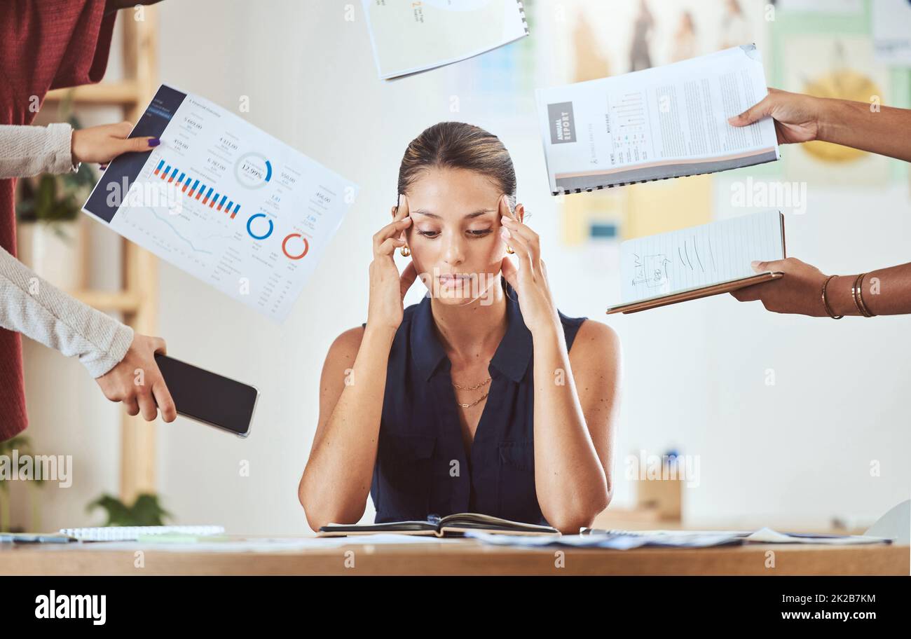 Stress, headache and burnout with business woman feeling overwhelmed by ...