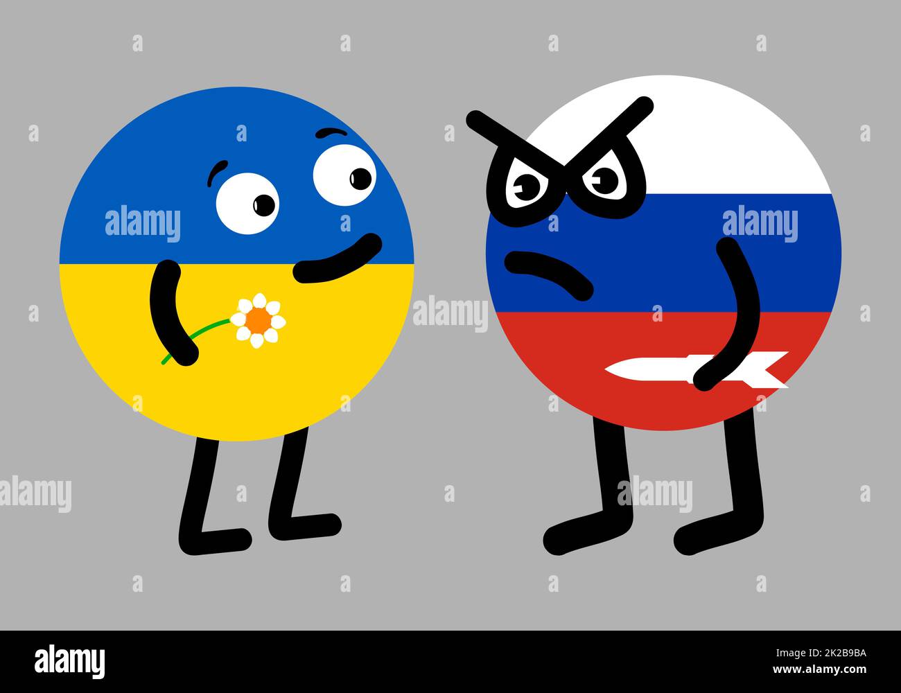 Country of Ukraine holding a chamomile looks kindly at the evil Russia ...