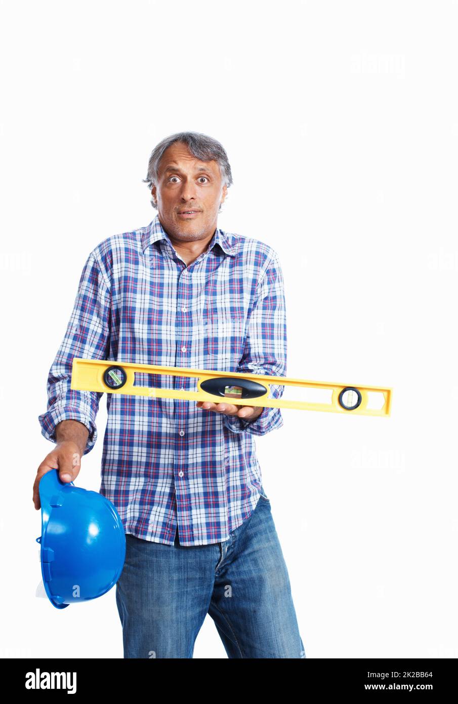 Surprised architect with spirit-level. Portrait of surprised architect ...