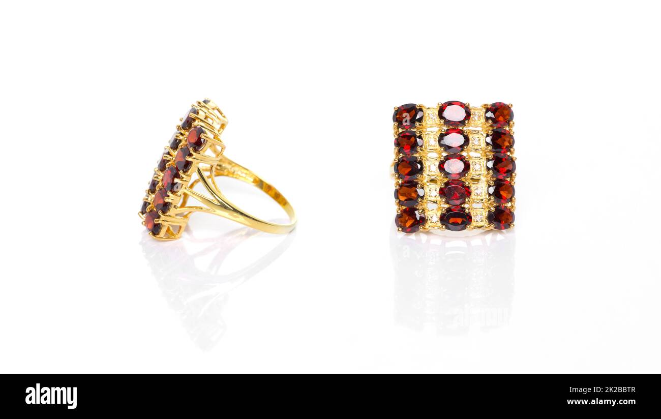 Garnet with white topaz Jewel or gems ring on white background with ...