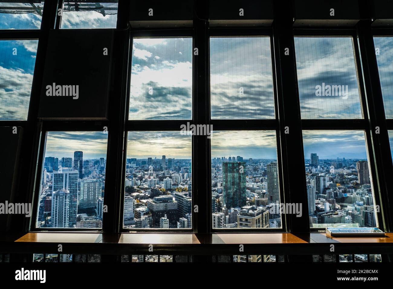 Tokyo skyline visible to the Tokyo Tower Observatory through a window ...