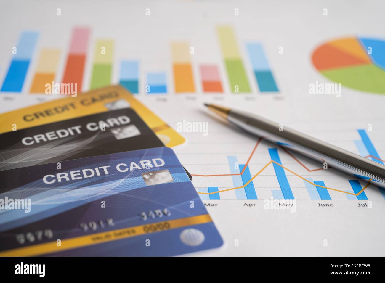 Credit card on chart and graph paper. Finance development, Banking ...