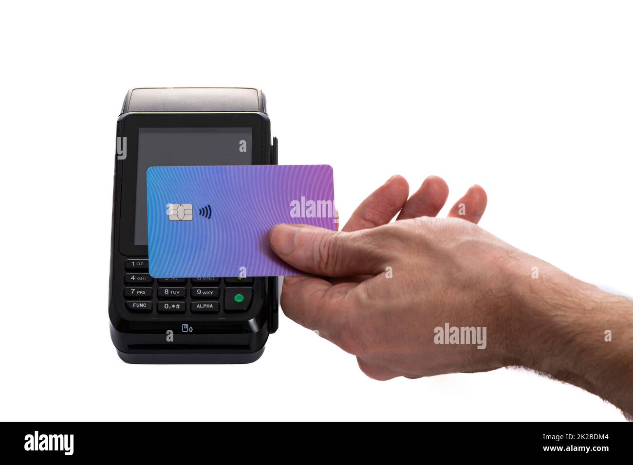Attached plastic card to the payment terminal with a man's hand on a ...