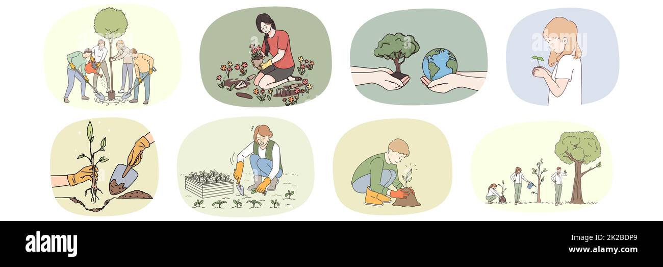 Set of people growing plants fond of gardening Stock Photo - Alamy