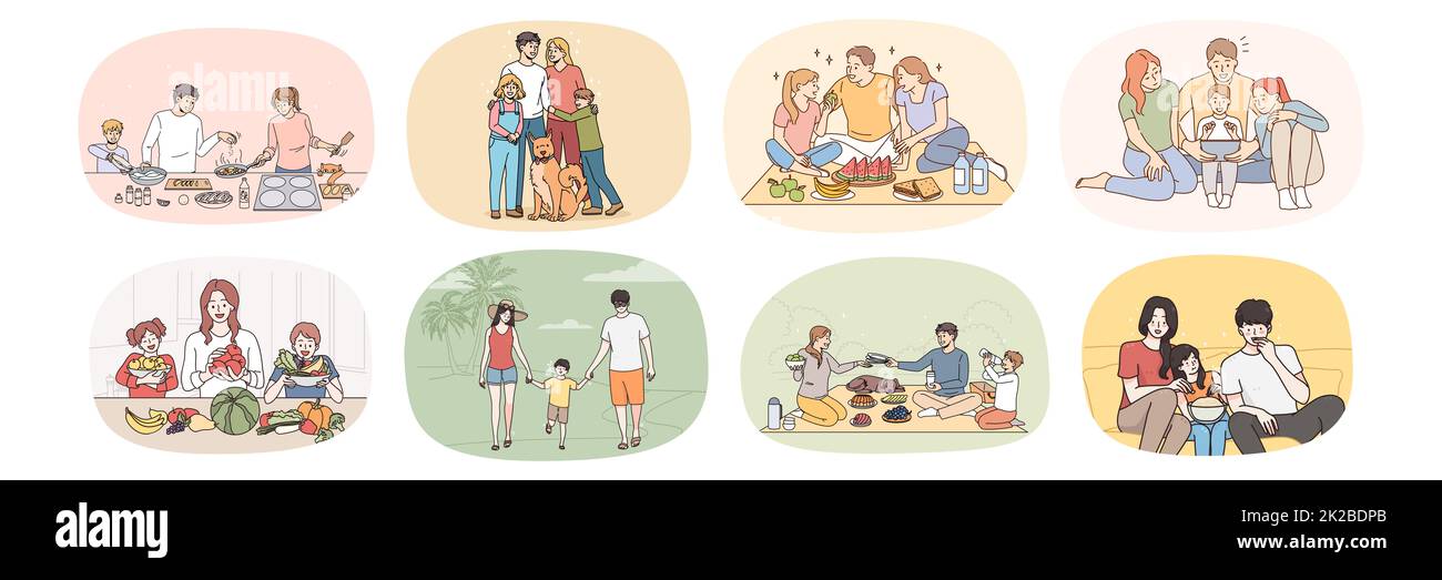 Set of happy family with children play and relax together Stock Photo ...