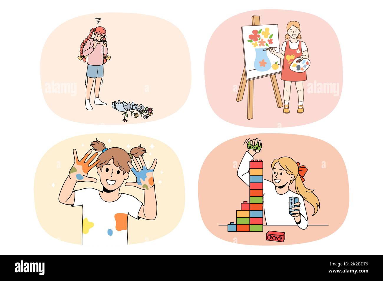 Set of smiling girls enjoy hobby activity Stock Photo - Alamy