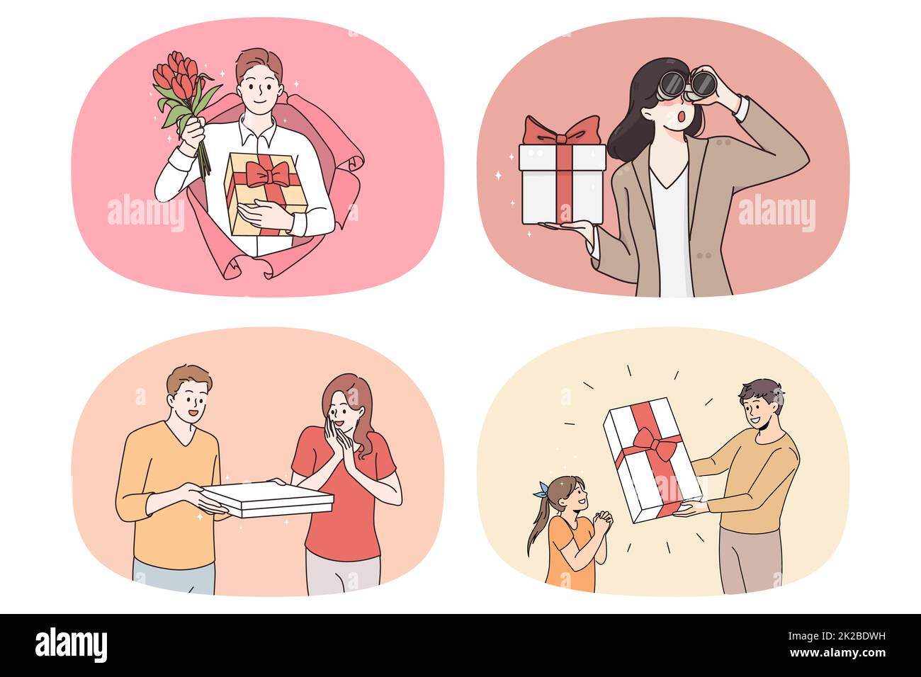 Set of smiling people greeting with presents Stock Photo - Alamy