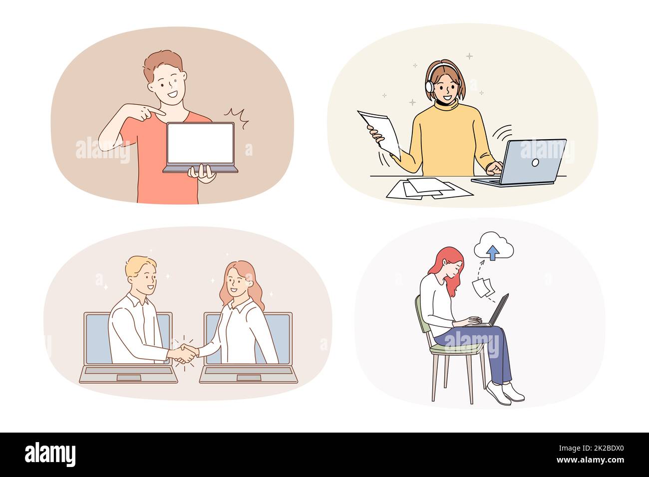 Set of diverse people working online on computers Stock Photo - Alamy