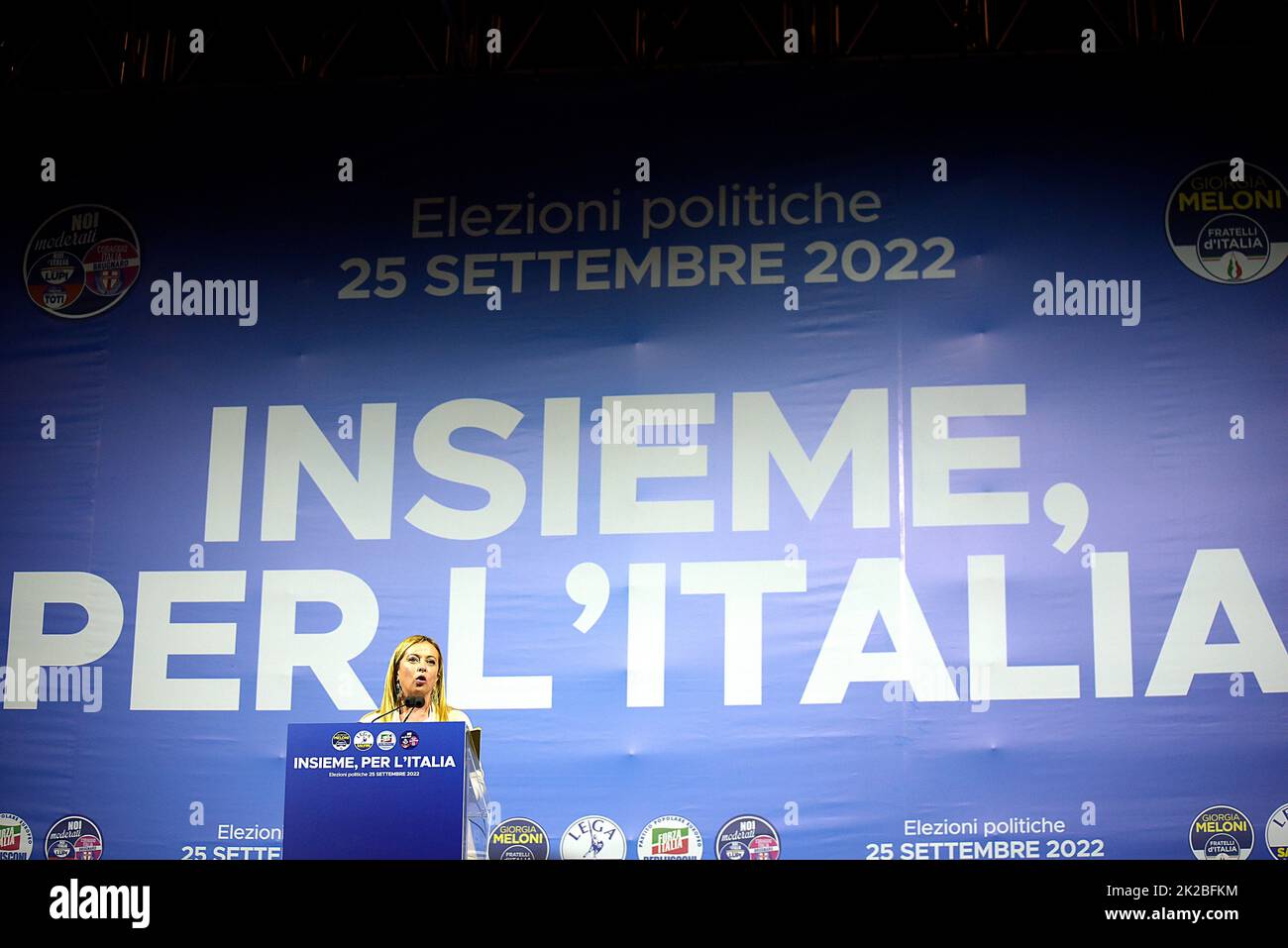 Giorgia Meloni, leader of the Fratelli d'Italia party, speaks on stage ...