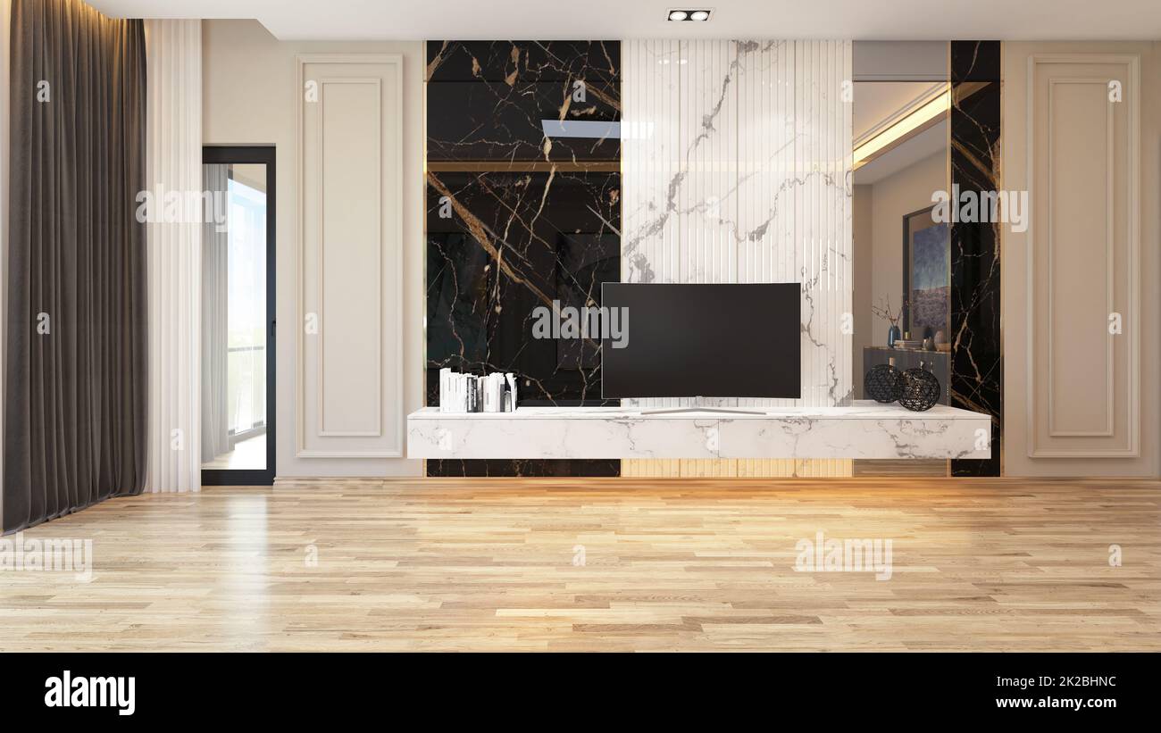 Modern tv unit with marble concept in living room 3d rendering Stock ...