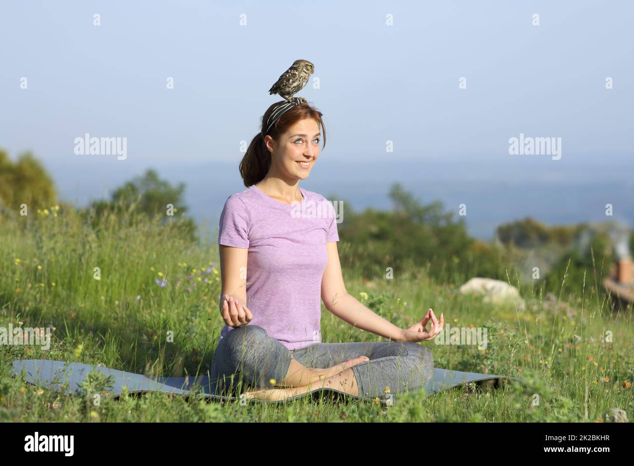 Happy woman doing yoga distracted with a bird on head Stock Photo - Alamy