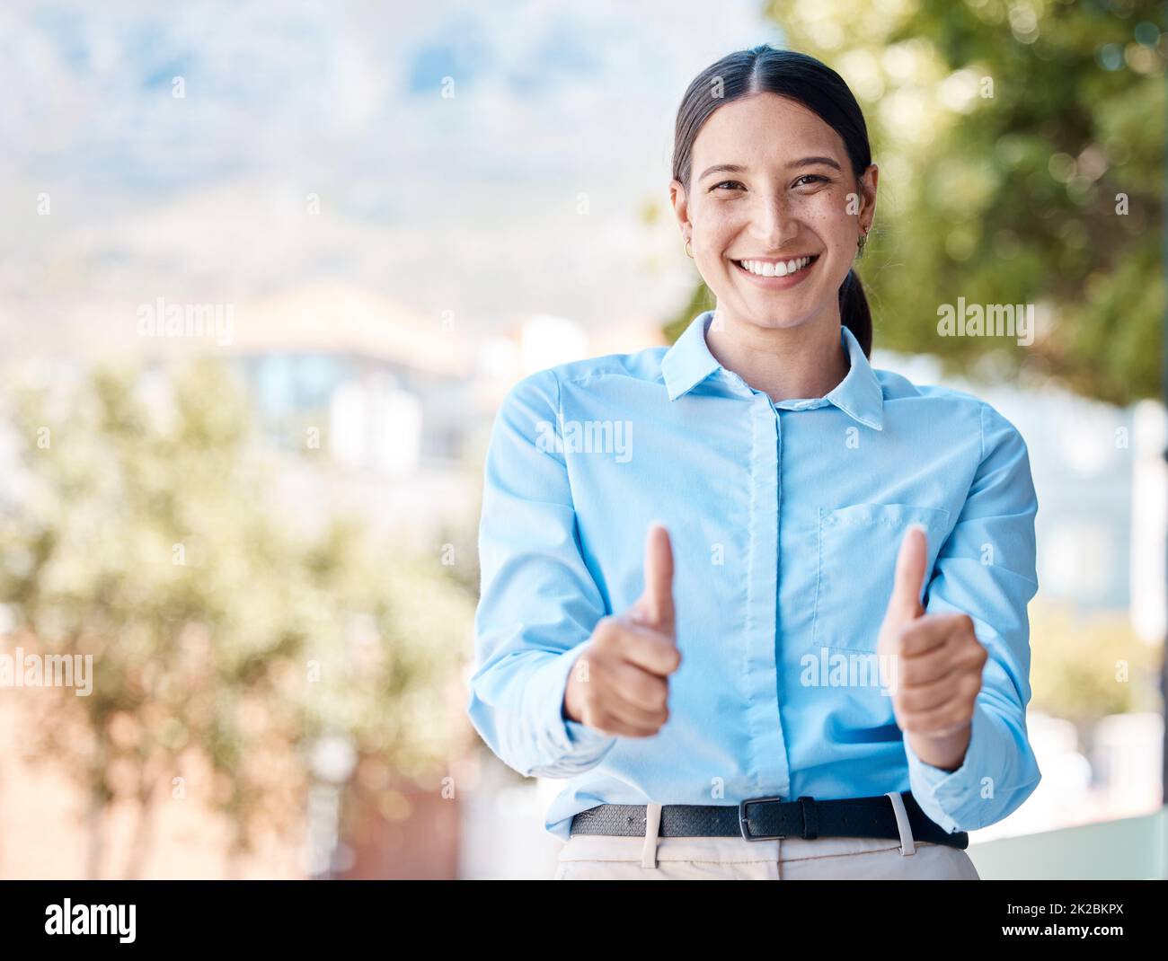 Smile, happy and thumbs up woman or management employee with confident ...