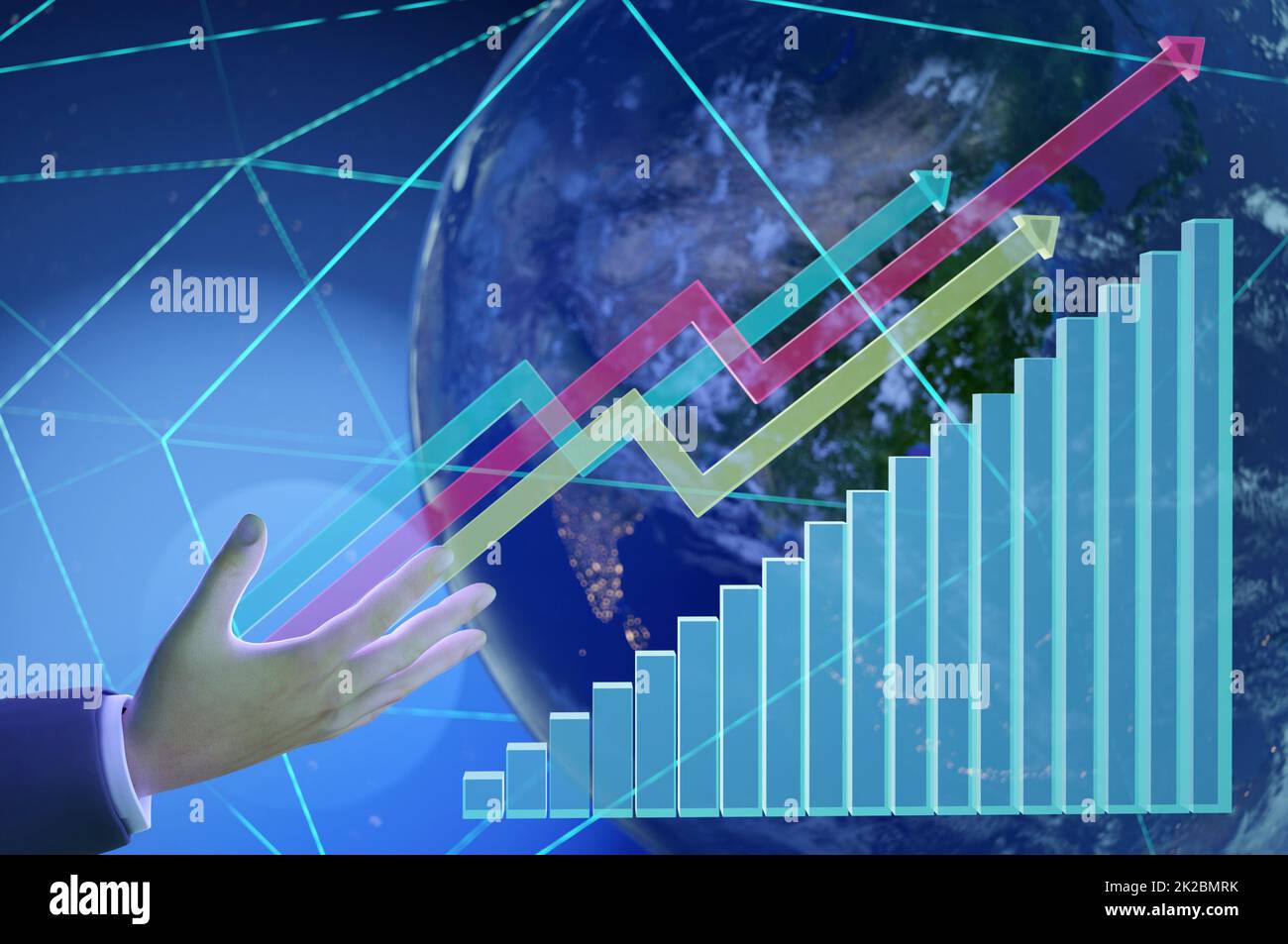 3d illustration. Businessman hand on to stock market finance graph ...