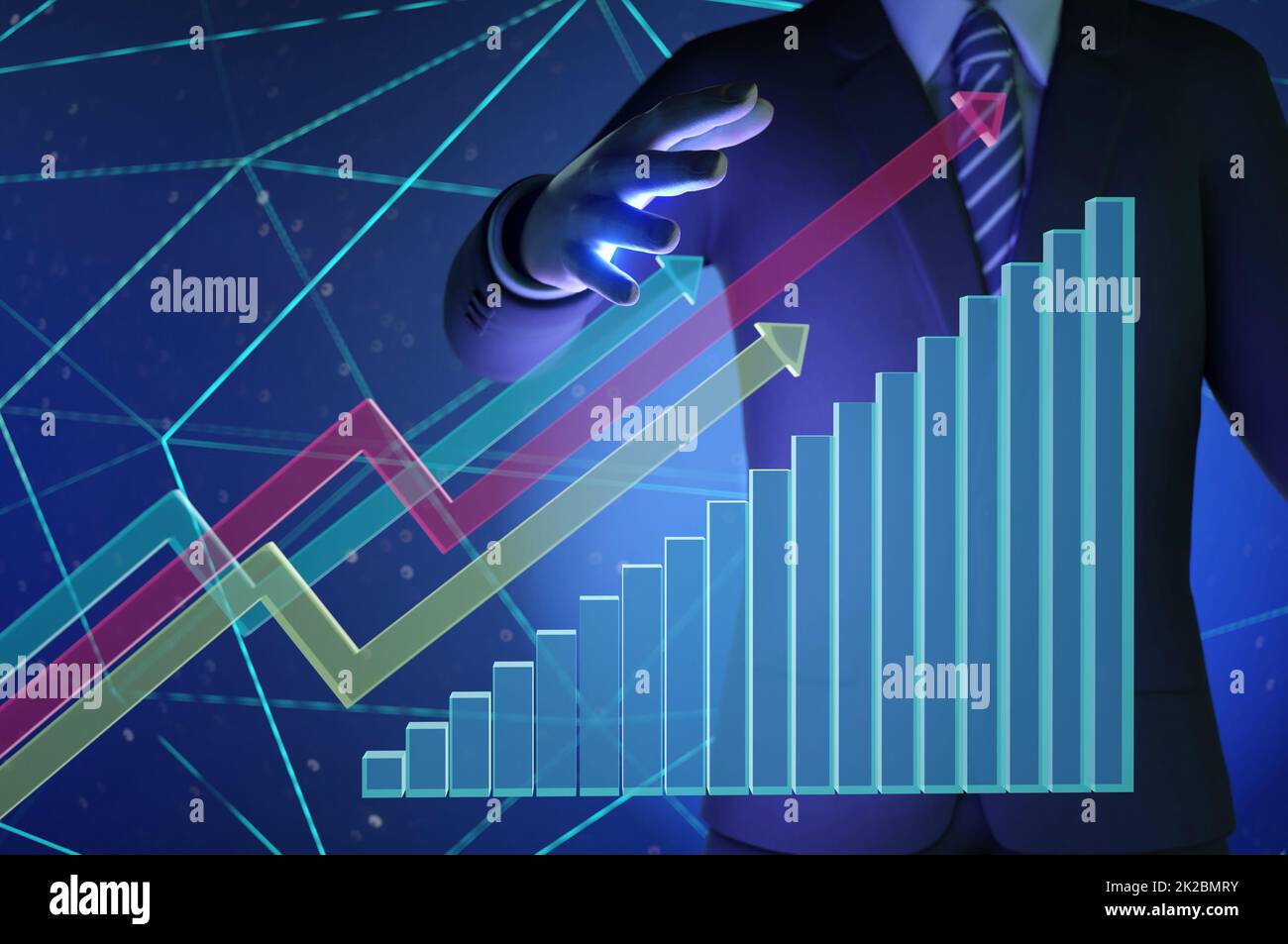 3d illustration. Businessman hand on to stock market finance graph ...