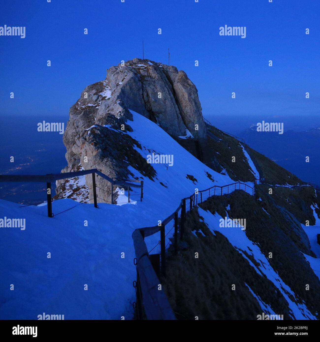 Oberhaupt, peak of Mount Pilatus in the blue hour. Sunset scene in the ...
