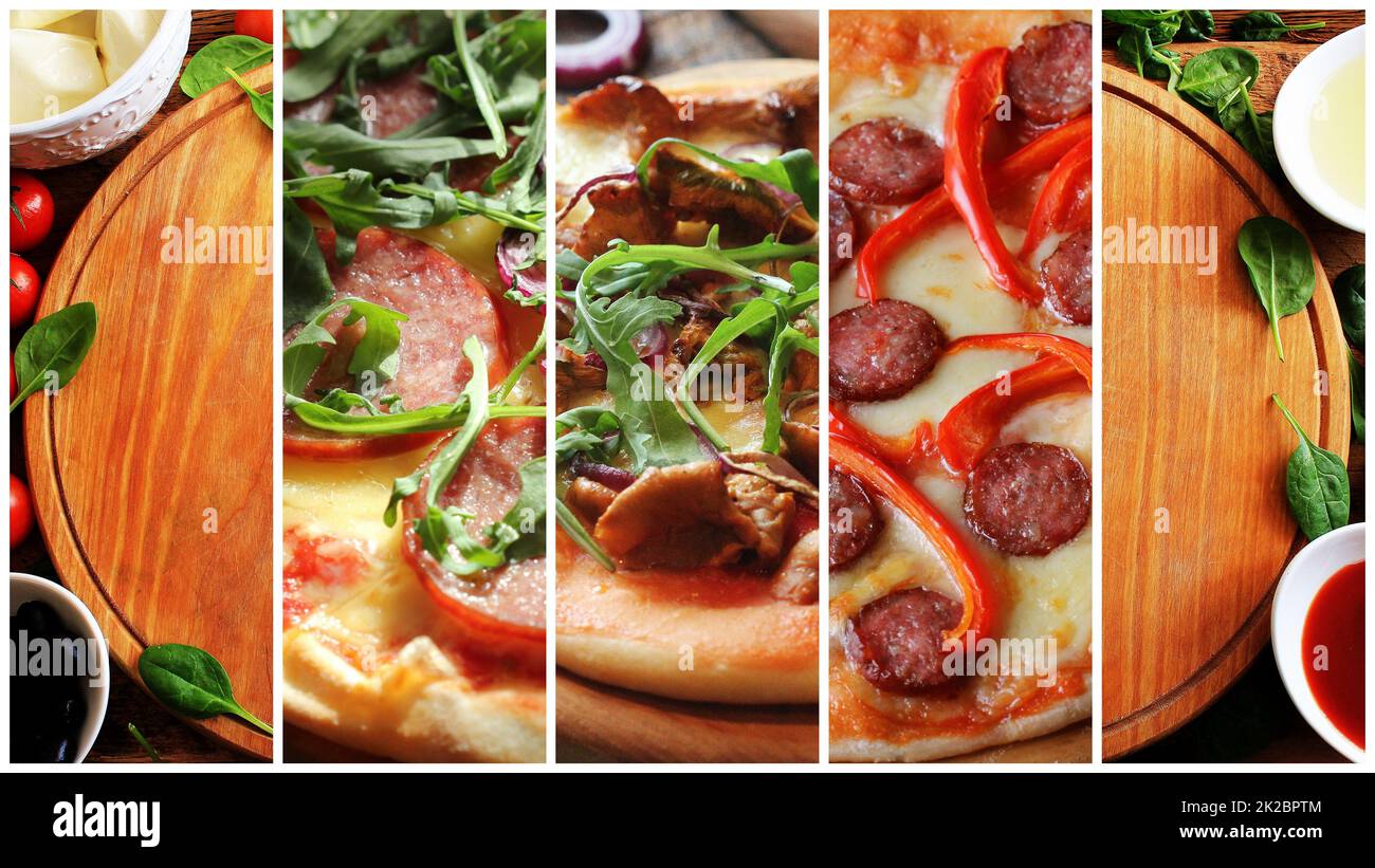 Collage with different types of pizza Stock Photo - Alamy