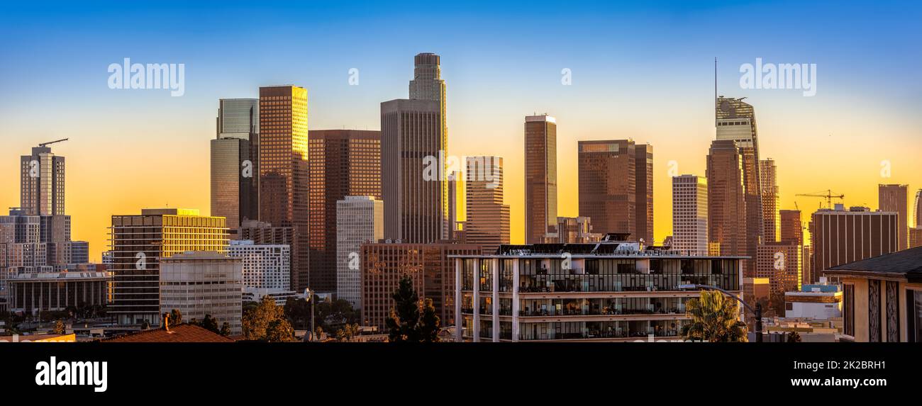 panoramic view at the skyline of los angeles during sunset Stock Photo ...