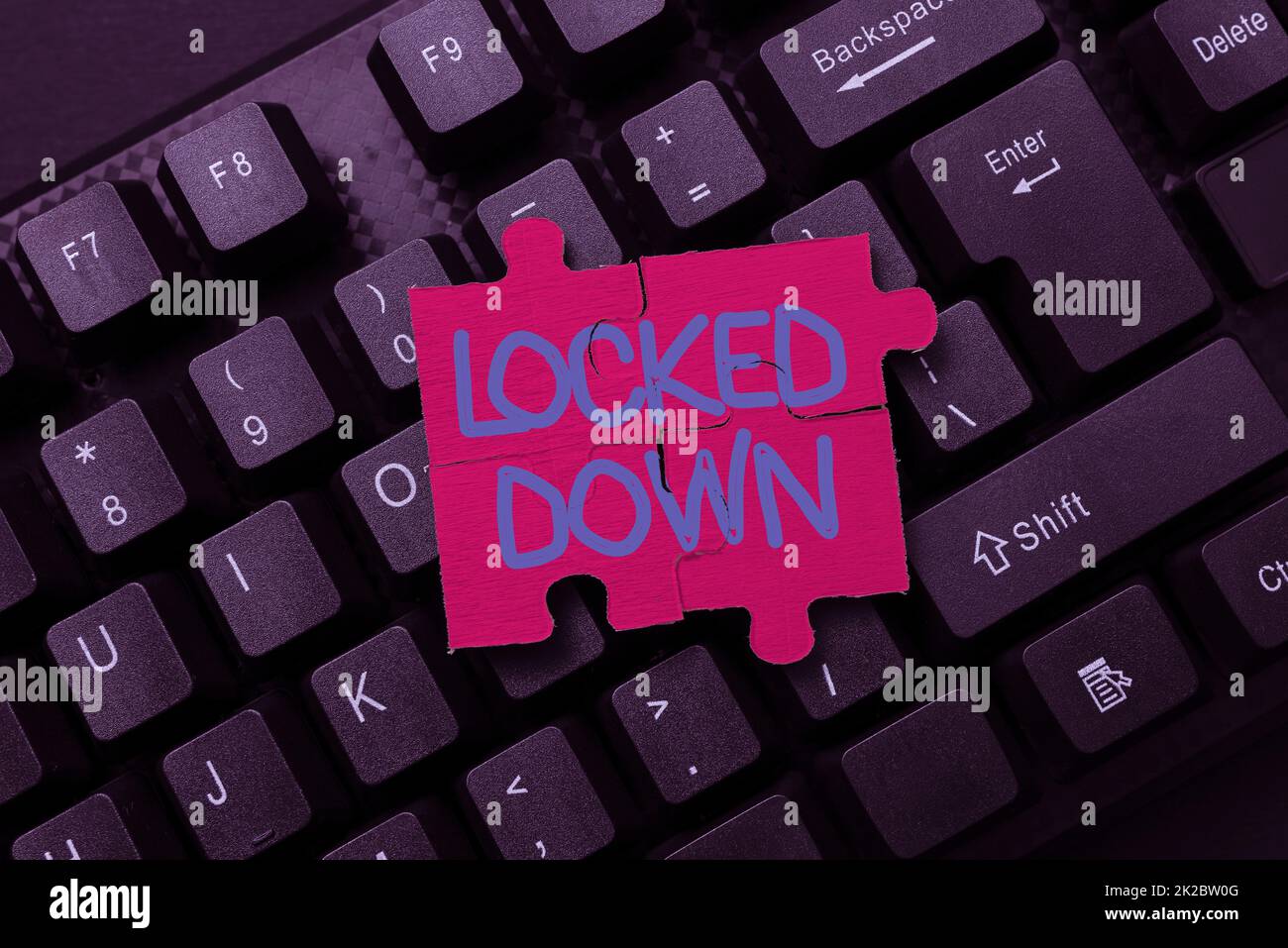 Text caption presenting Locked Down. Conceptual photo emergency measure ...