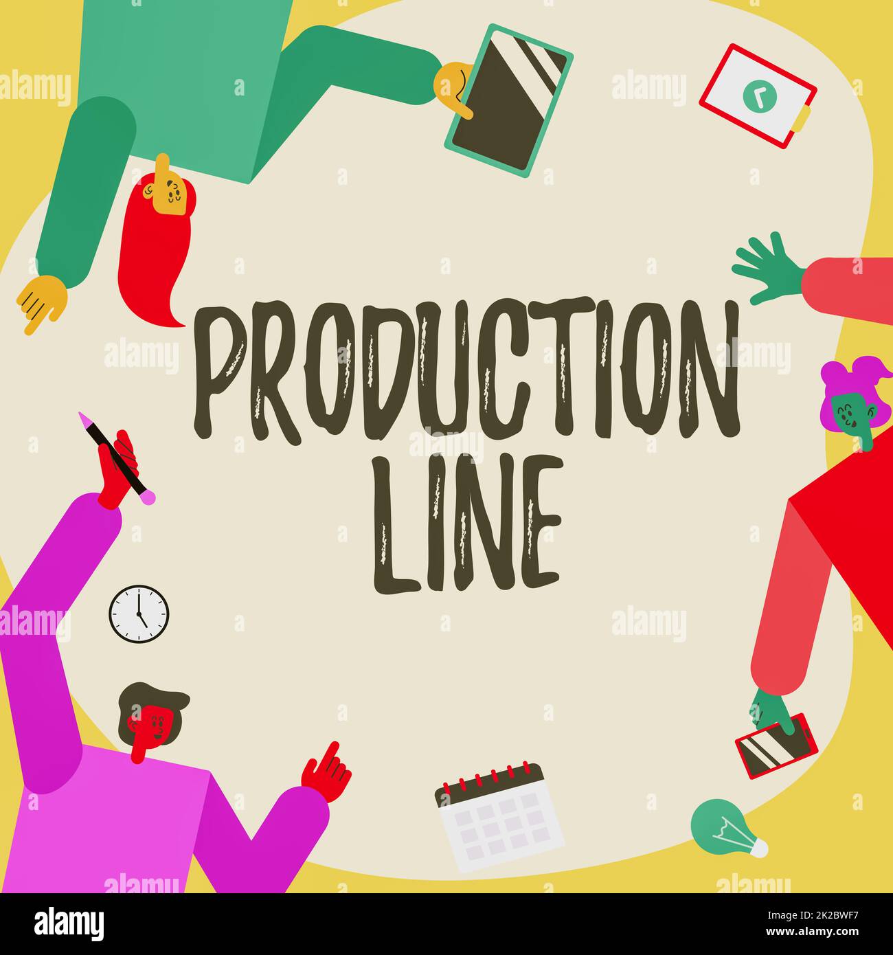 Conceptual display Production Line. Word Written on set of sequential ...