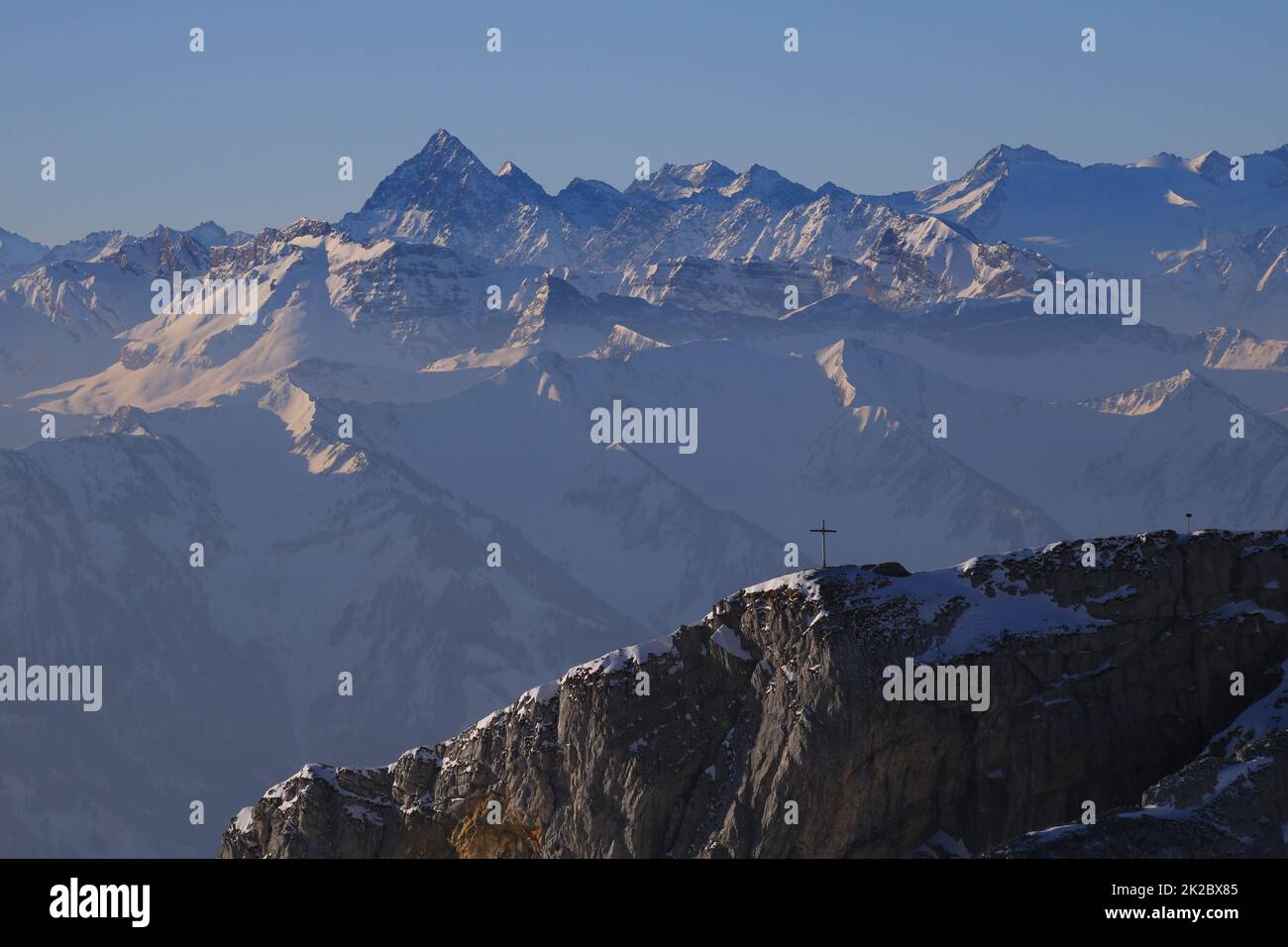 Mountain peaks of the Bernese Oberland and Wallis Canton seen from ...