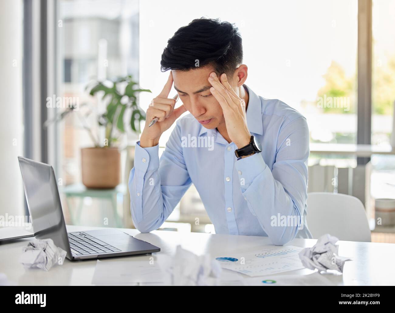 Stress, anxiety or headache of businessman with laptop working on ...