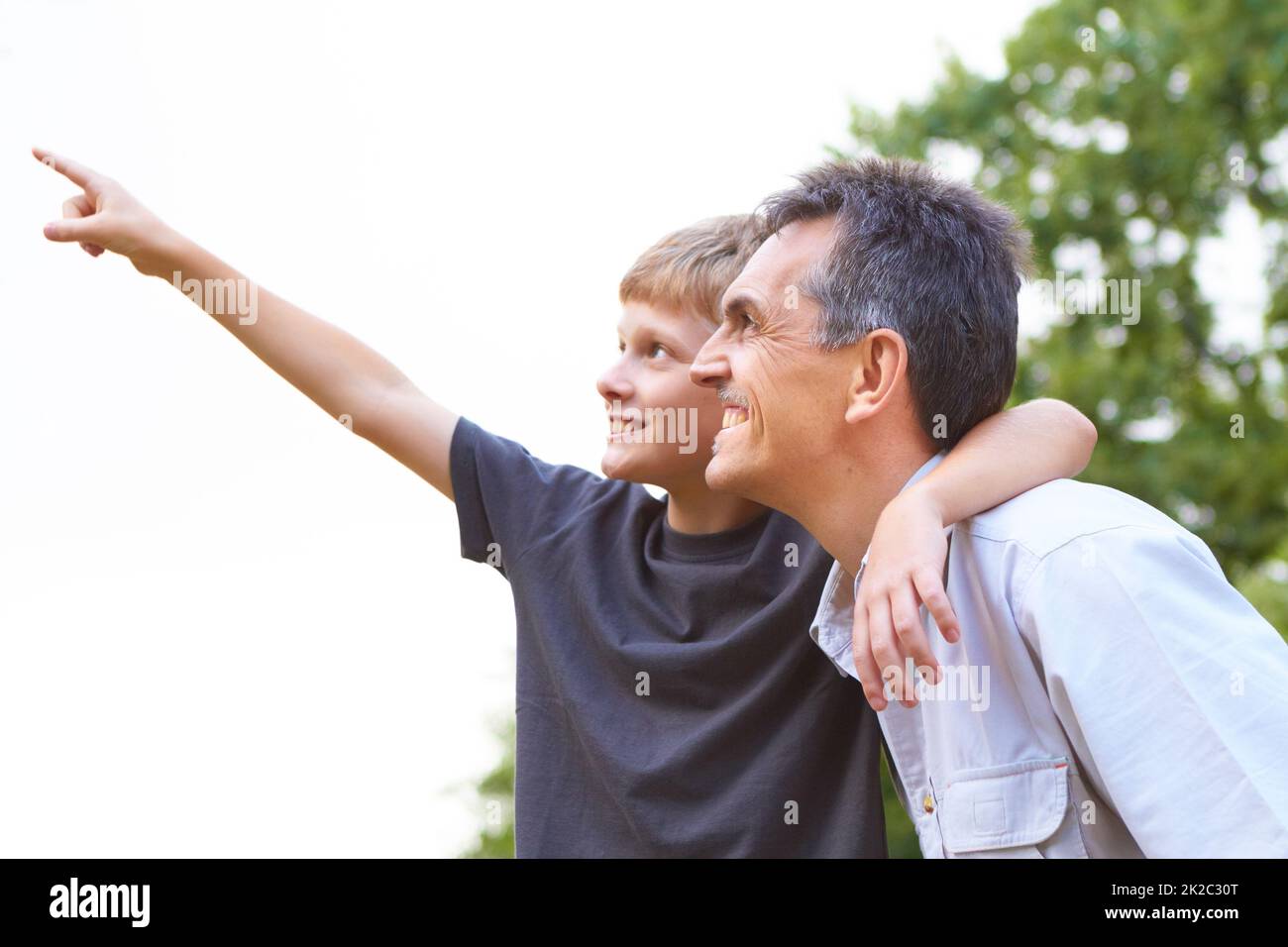 What type of bird is that, dad. Young boy hold his arm around his ...