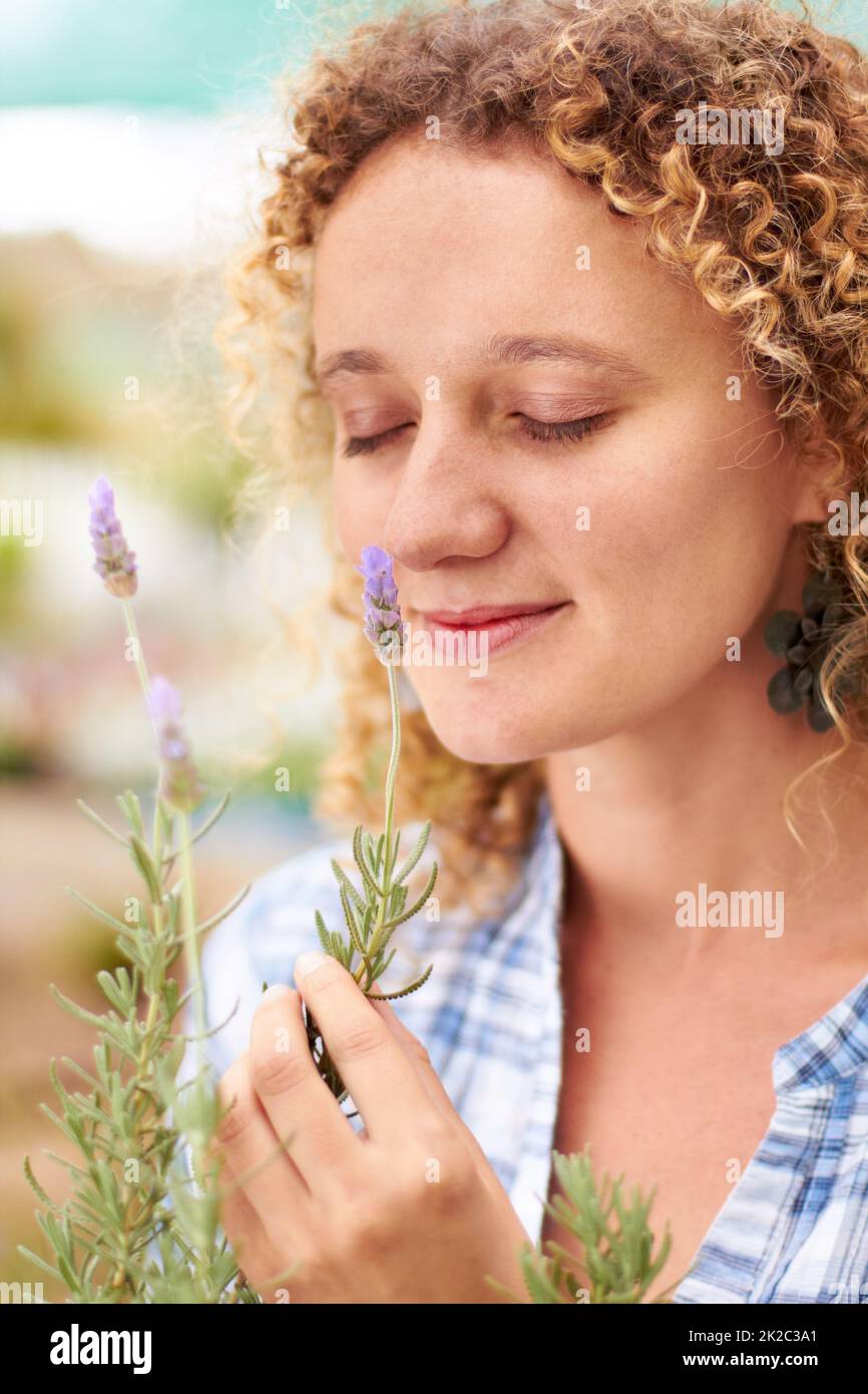Smelling the natural aroma. A cute young woman smelling a sprig of ...