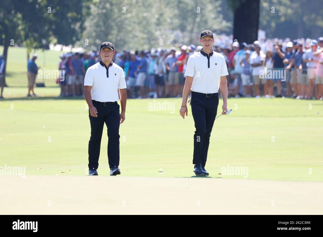 CHARLOTTE, NC - SEPTEMBER 22: International Presidents Cup golfers Si Woo Kim on left and Cam ...