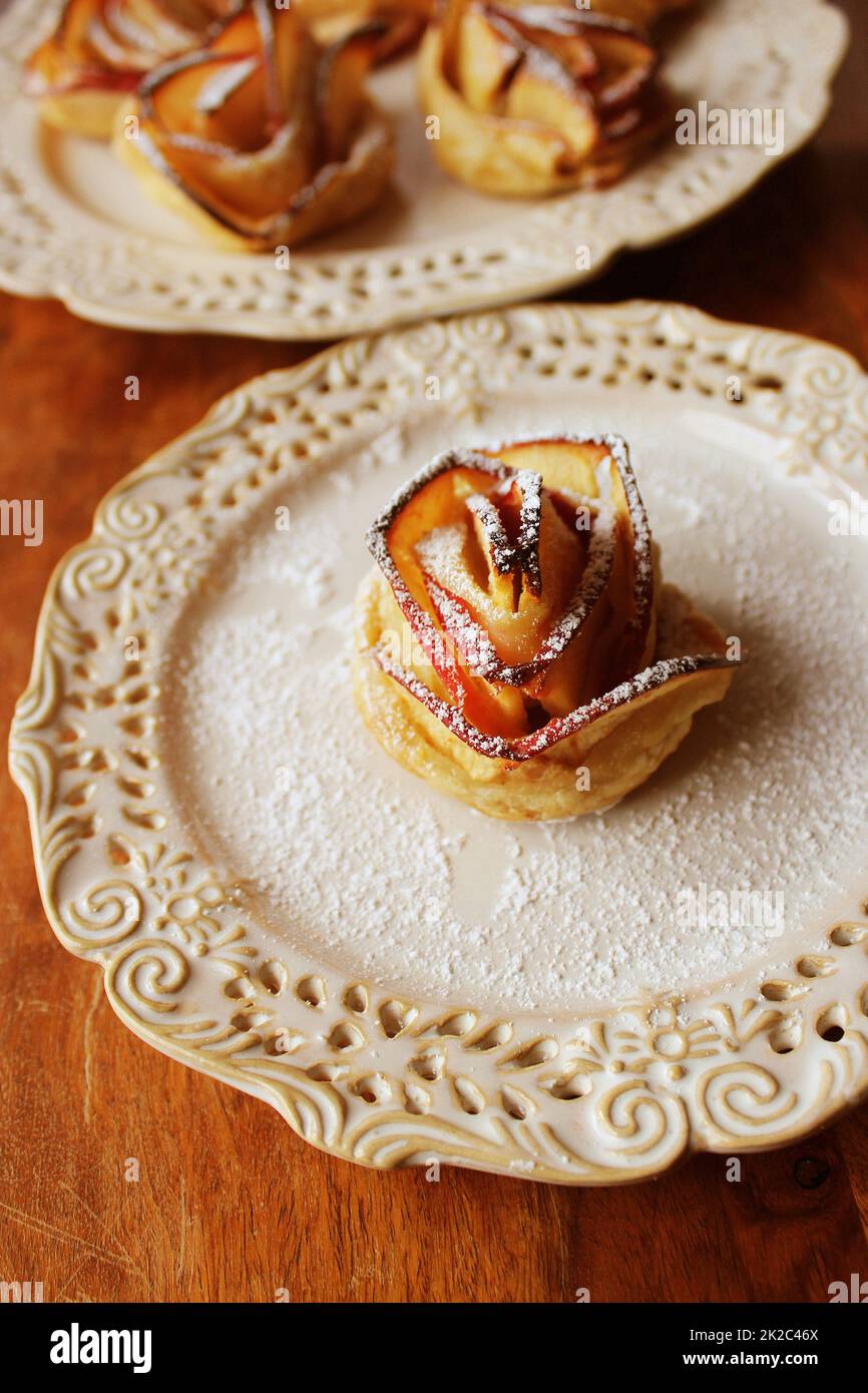 Tasty puff pastry with apple shaped roses on plate Stock Photo - Alamy