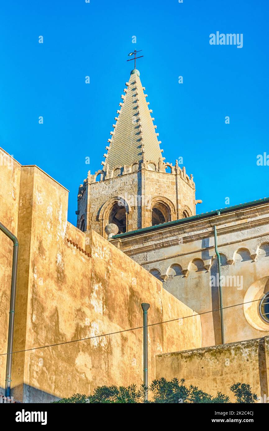 Bell tower of the Roman Catholic Alghero Cathedral, Sardinia, Italy ...